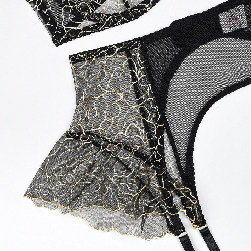Embroidered Lace Splicing Mesh Ruffles Bra Thongs Garter Thigh Belt 4 ...