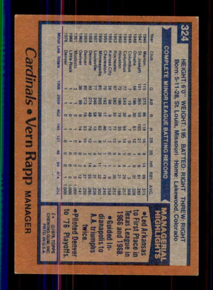 1978 Topps #324 Vern Rapp/ NM/NM+ RC Rookie Cardinals 213819 | eBay