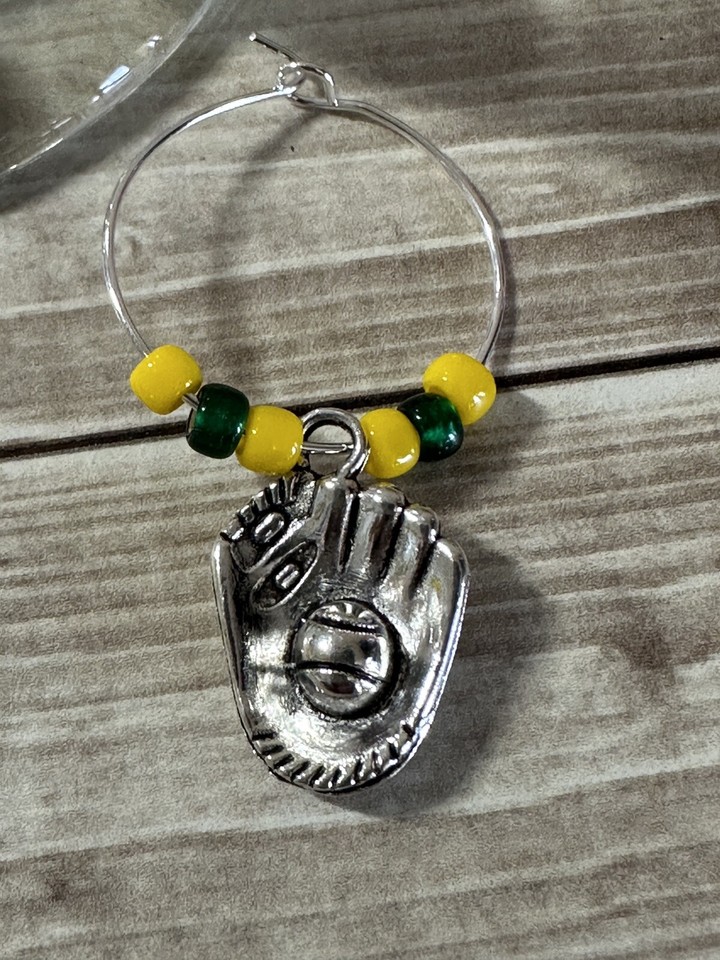 Baseball Wine Charms, Four Wine Charms, Green Yellow Baseball Wine ...