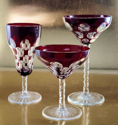3 Ruby CUT-TO-CLEAR Glass Goblets BOHEMIAN Czech or Austrian, 1950s Era ...