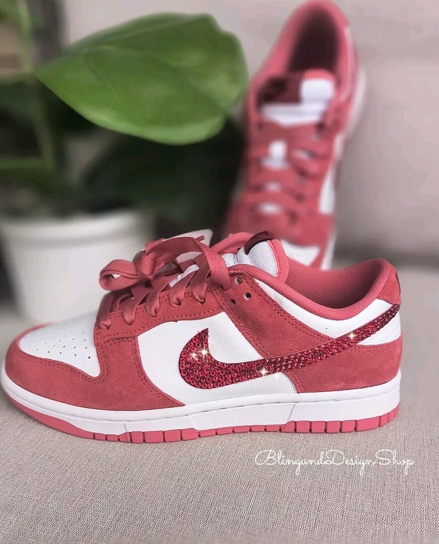 Bling Nikes Dunk Low Valentines Day 2024 Pink Sneakers custom with Red ...
