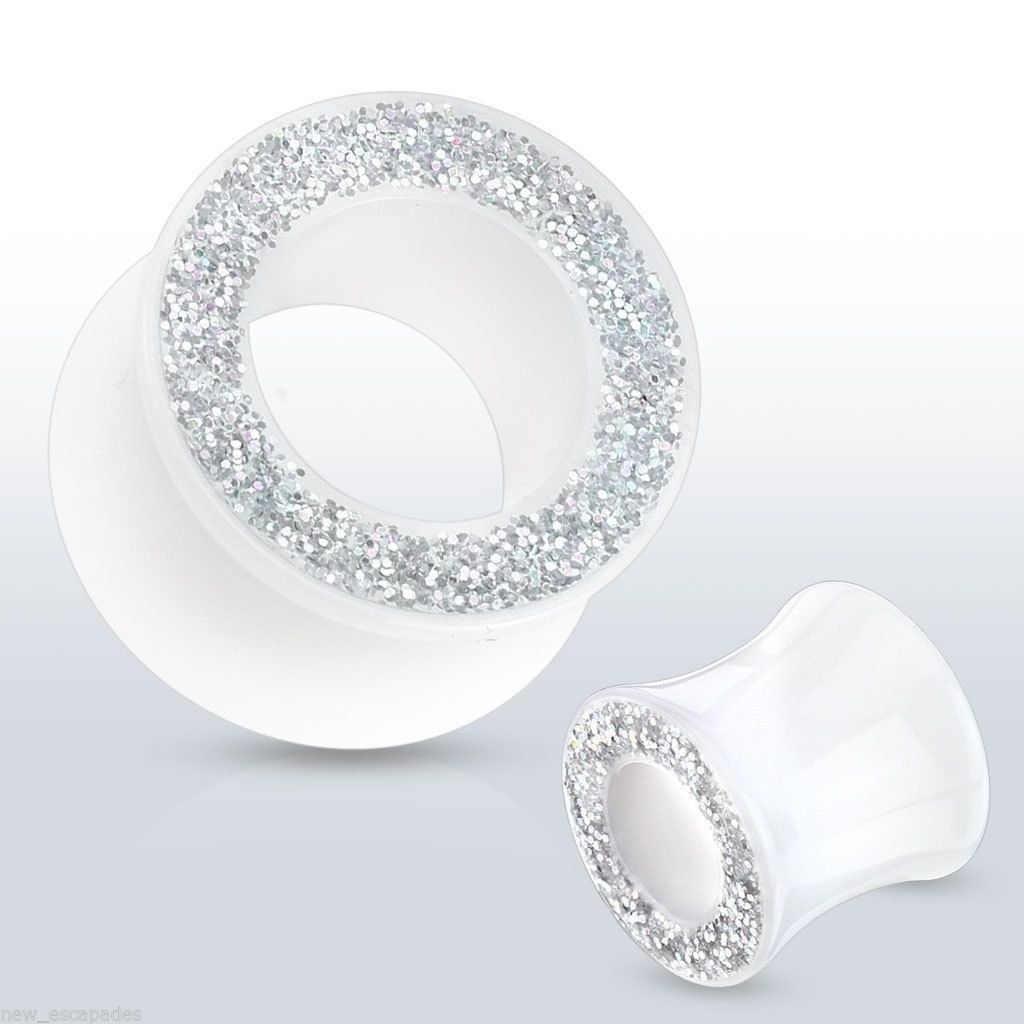 PAIR-Glitter Rimmed White Acrylic Double Flare Ear Tunnels 12mm/1/2 ...
