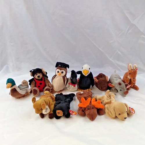 12 TY Beanie Babies W/Tags Duck Goose Owl Deer Rhino Moose Bear ...