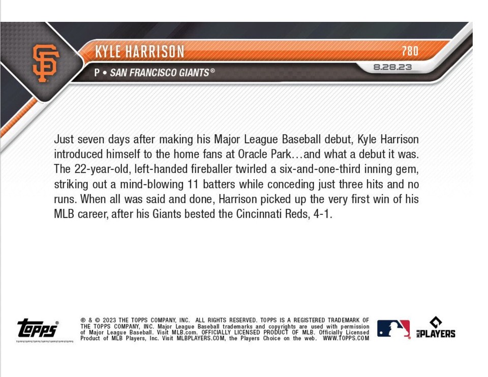 2023 Topps Now Kyle Harrison Rookie Card RC Youngest Giants Pitcher ...