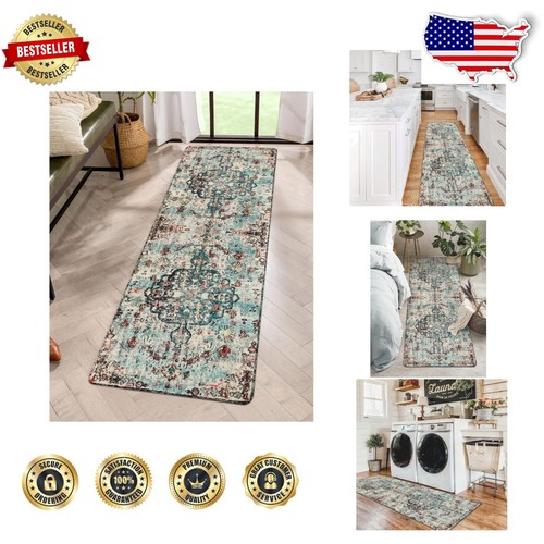 Water-Resistant Vintage Teal Runner Rug 2'x6' - Non-Slip Soft Accent ...