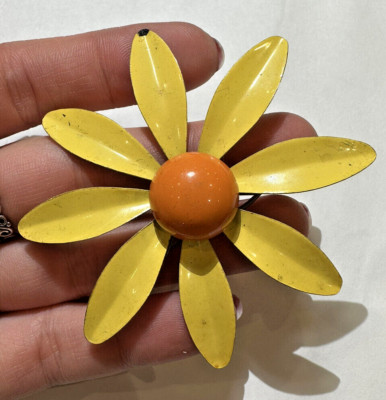 Vintage Yellow Gerbera Daisy Enamel Orange Cab Bead Flower Brooch Pin | eBay