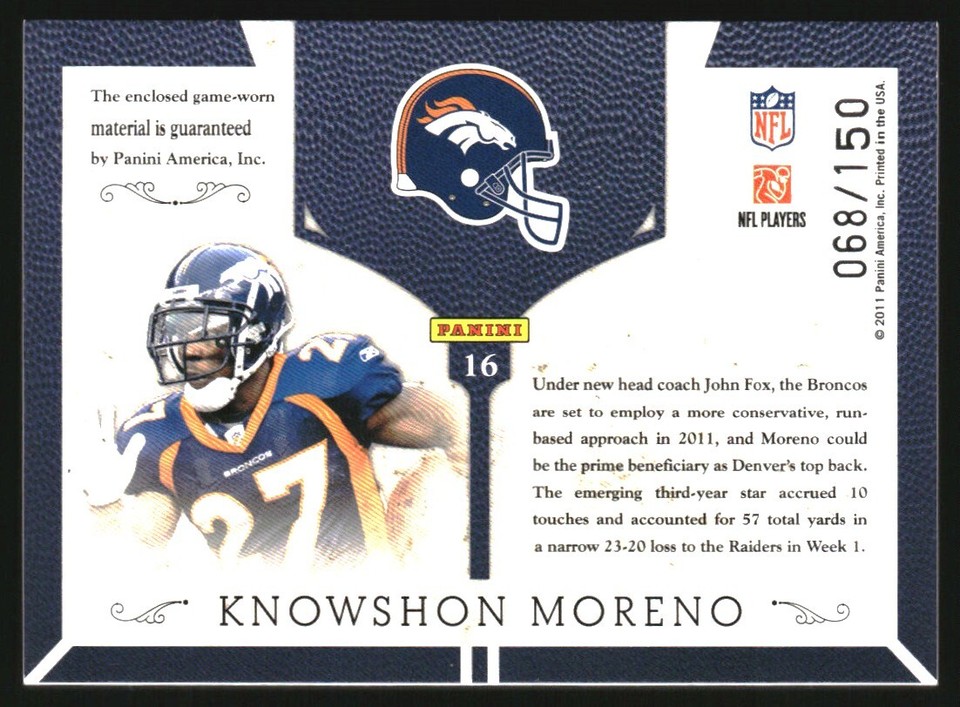 2011 Panini Plates and Patches NFL Equipment #16 Knowshon Moreno Jersey ...