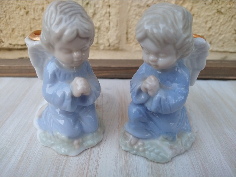 CLEARANCE!! VTG Porcelain Boy Girl Angels Candleholders Blue White 4 ...
