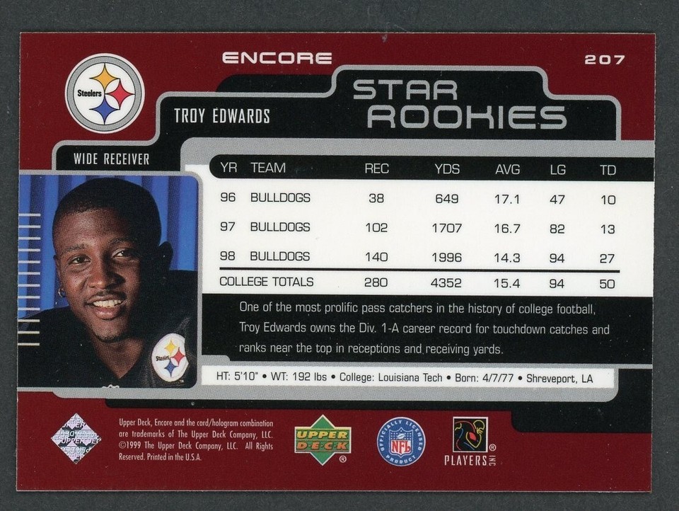 1999 Upper Deck Encore Pittsburgh Steelers Football Card #207 Troy ...