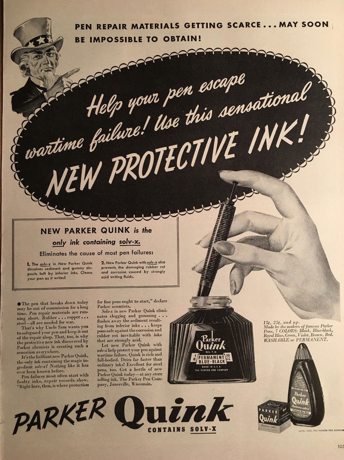 1940's Vintage ad for Parker Quink retro bottle Pen Ink Uncle Sam Art ...
