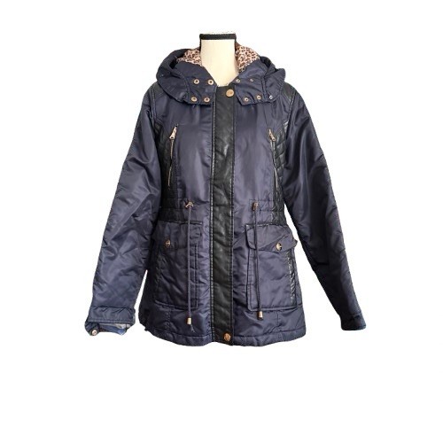 Celsius Premium Down Blend Quilted Parka Navy Faux Leather Trim Jacket ...