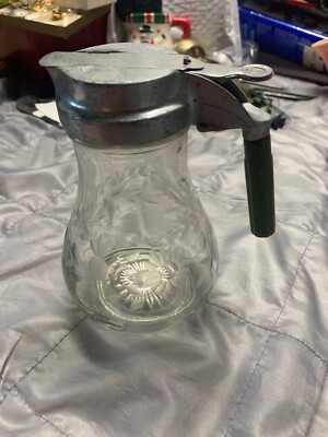 VINTAGE Etched Flower-glass "DRIPCUT" SYRUP PITCHER GREEN BAKELITE ...