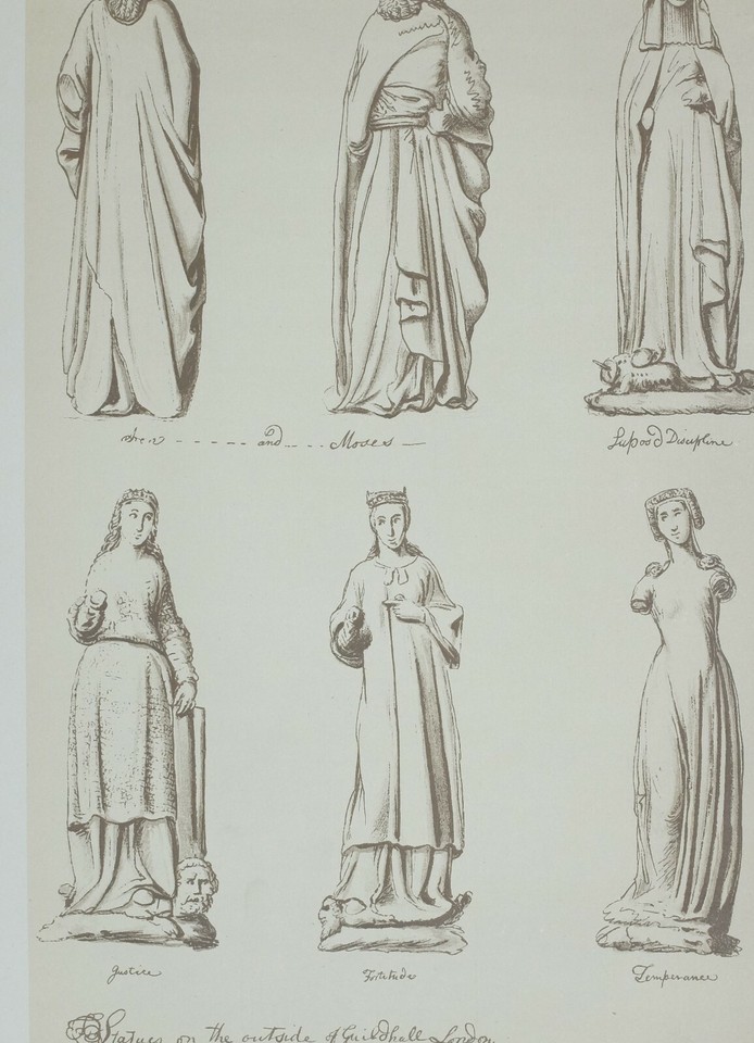 1886 LONDON GUILDHALL PRINT STATUES OUTSIDE GUILDHALL LONDON JUSTICE ...