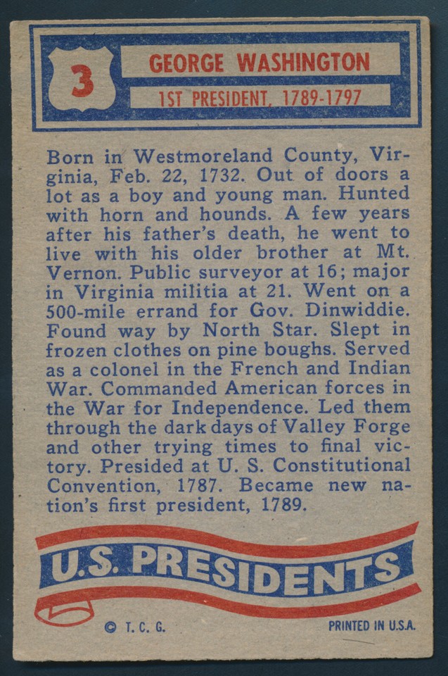 1956 TOPPS US Presidents #3 George Washington 1st President EXMT+ ...