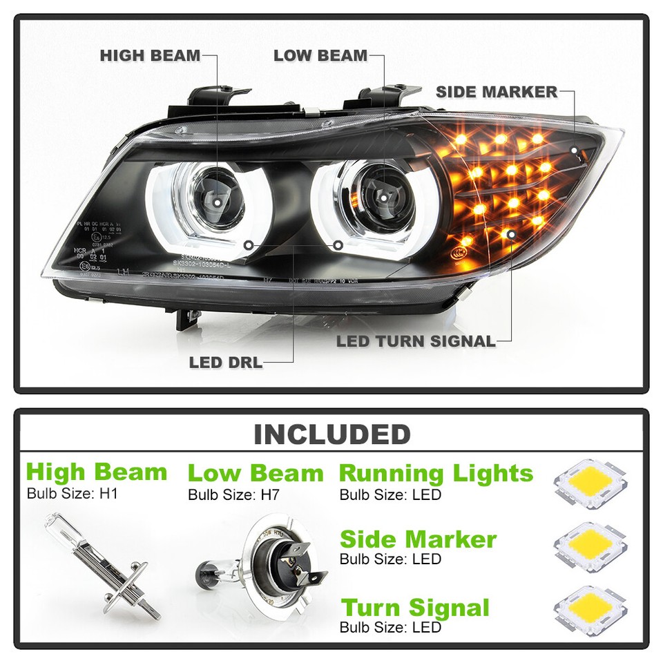 Black 2009-2011 BMW E90/E91 Halogen 328i Sedan LED 3D Halo Projector ...