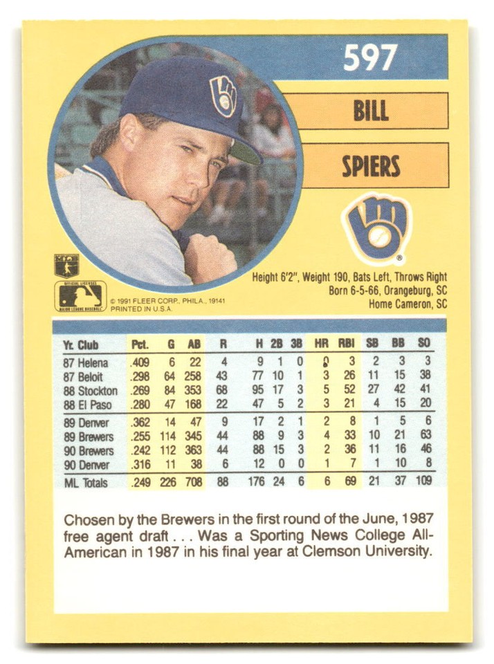 Bill Spiers 1991 Fleer #597a Milwaukee Brewers BASEBALL | eBay