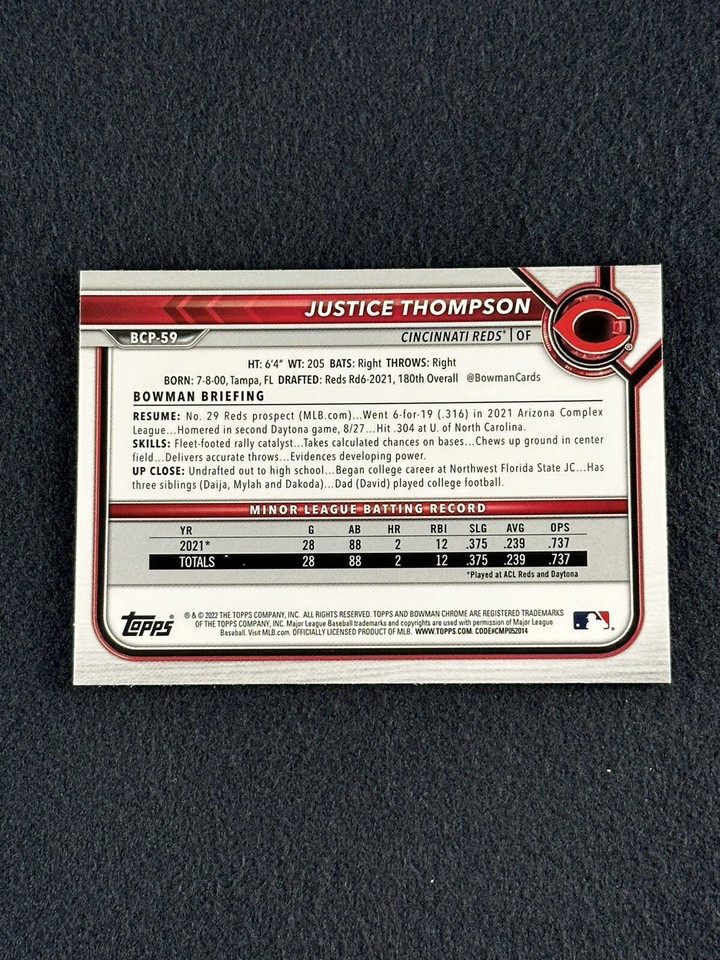 2022 Bowman Chrome Prospects JUSTICE THOMPSON 1st Mojo #BCP-59 ...