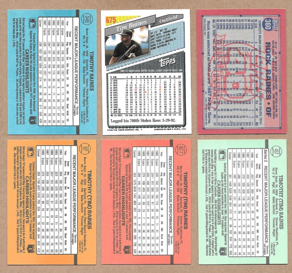 Tim Rock Raines 6 fun cards 1991, 1993 Topps & 1988, 1989, 1990, 1991 ...
