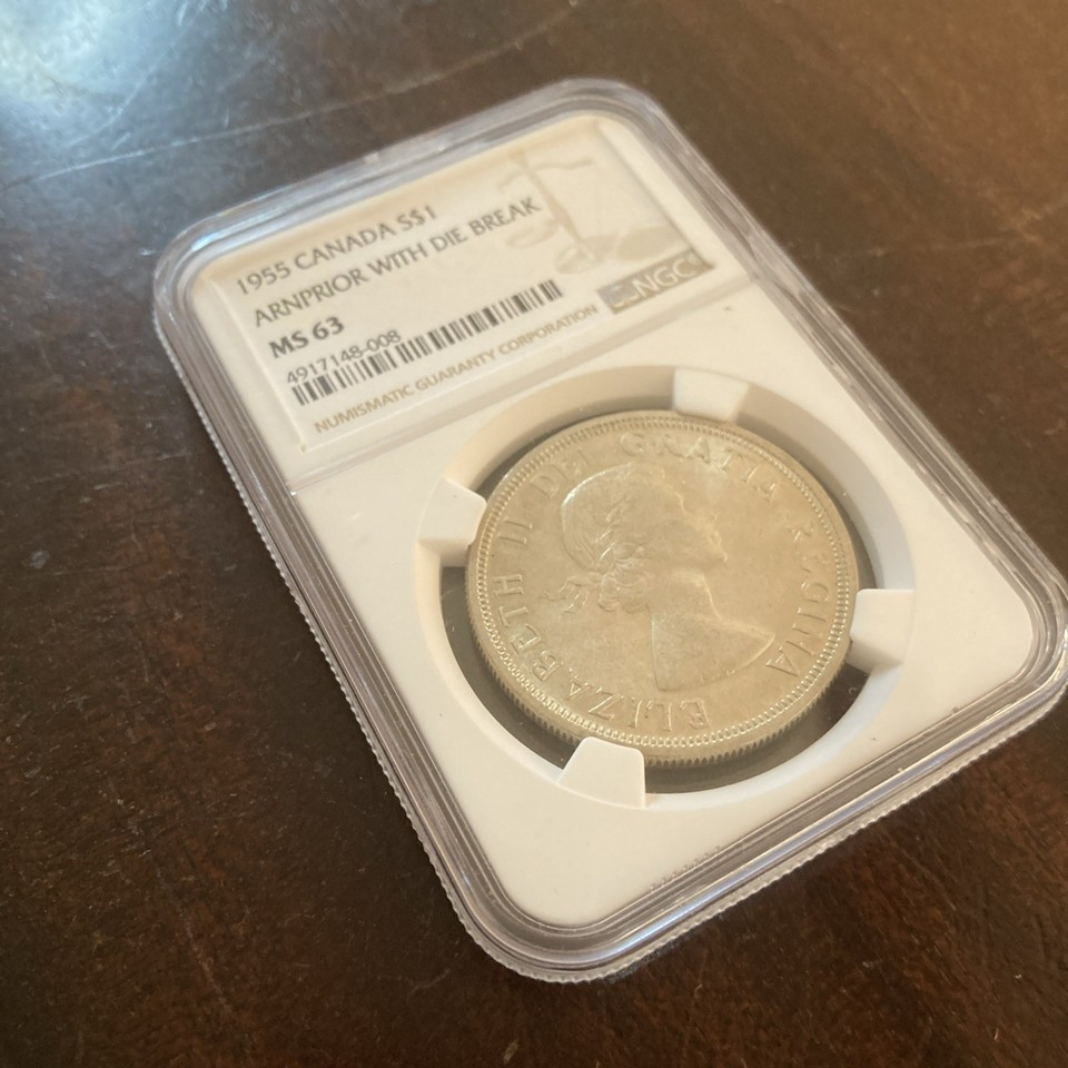 1955 CANADA $1 SILVER DOLLAR COIN - NGC MS63 ( ARNPRIOR WITH DIE BREAK ...