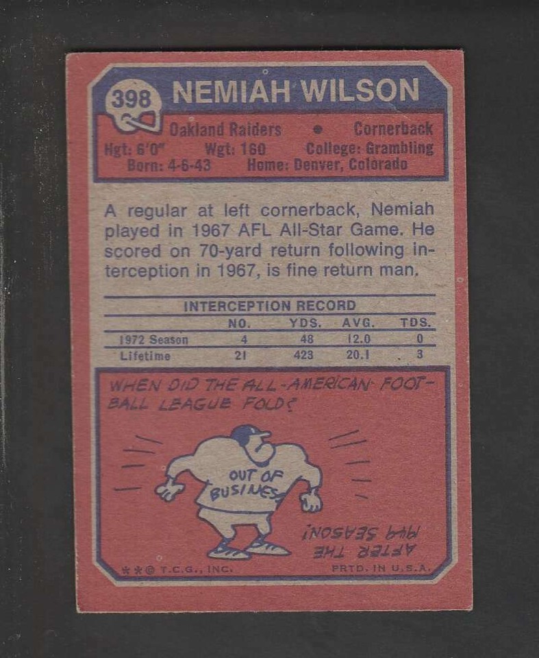 1973 Topps #398 Nemiah Wilson EX/EX+ Raiders 156160 | eBay