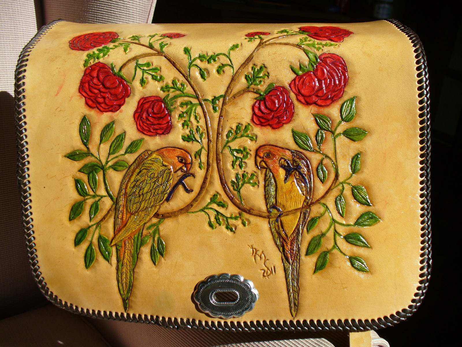 Authentic Designer Handbag Handmade LEATHER PARROT Rose FINE ARTWORK ...