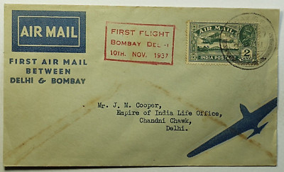 1937 India First Flight Airmail Cover Bombay to Delhi Tata Airmail ...