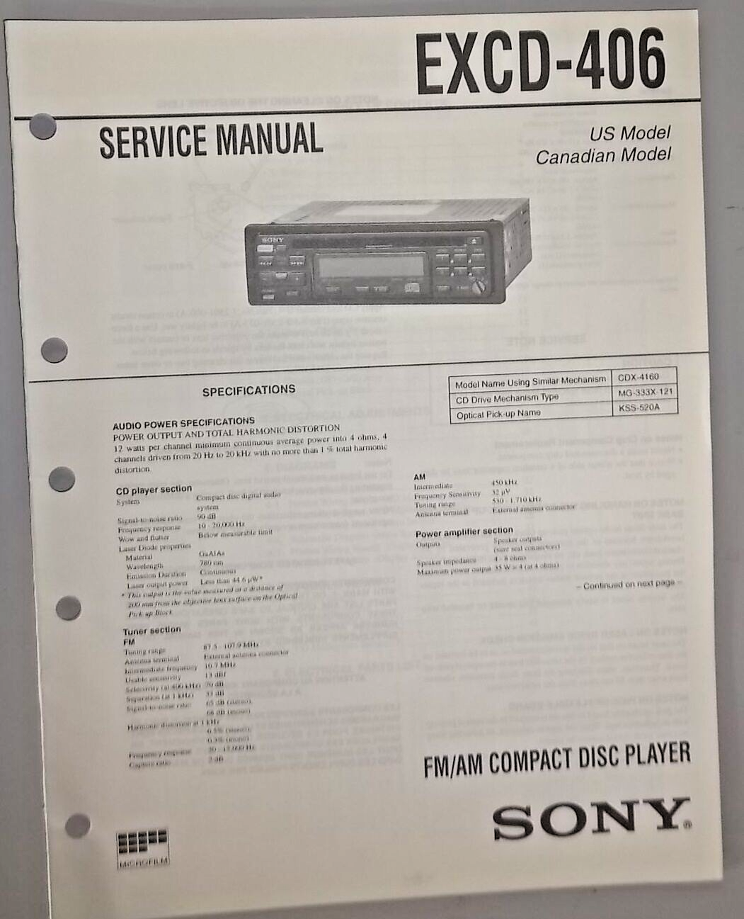 Sony AM-FM Stereo CD Compact Disc Player EXCD-406 MG-333X-121 Service ...