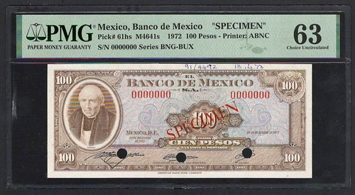 Mexico 100 Pesos 1972 P61hs "Specimen" Uncirculated Grade 63 | eBay
