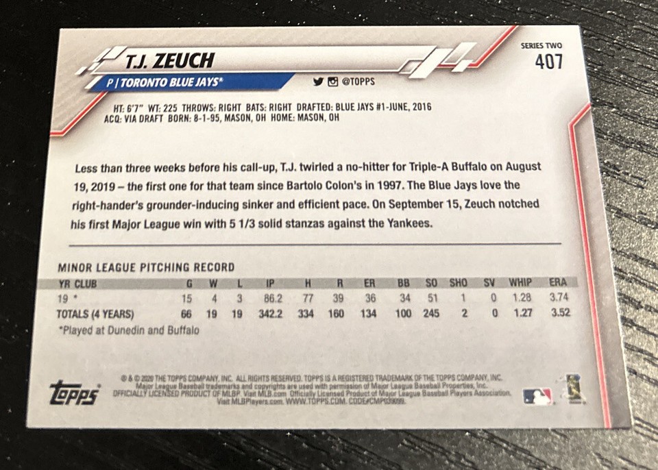 2020 Topps TJ Zeuch Rookie #407 | eBay