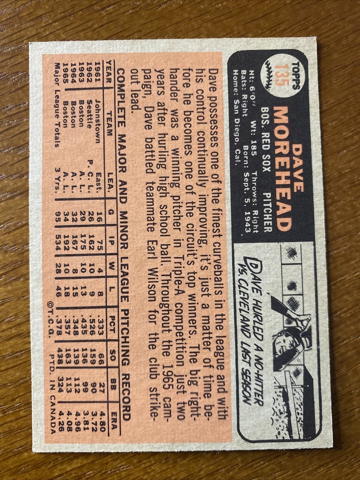1966 66 OPC Topps Baseball Card #135 Dave Morehead Boston Red Sox SHARP ...