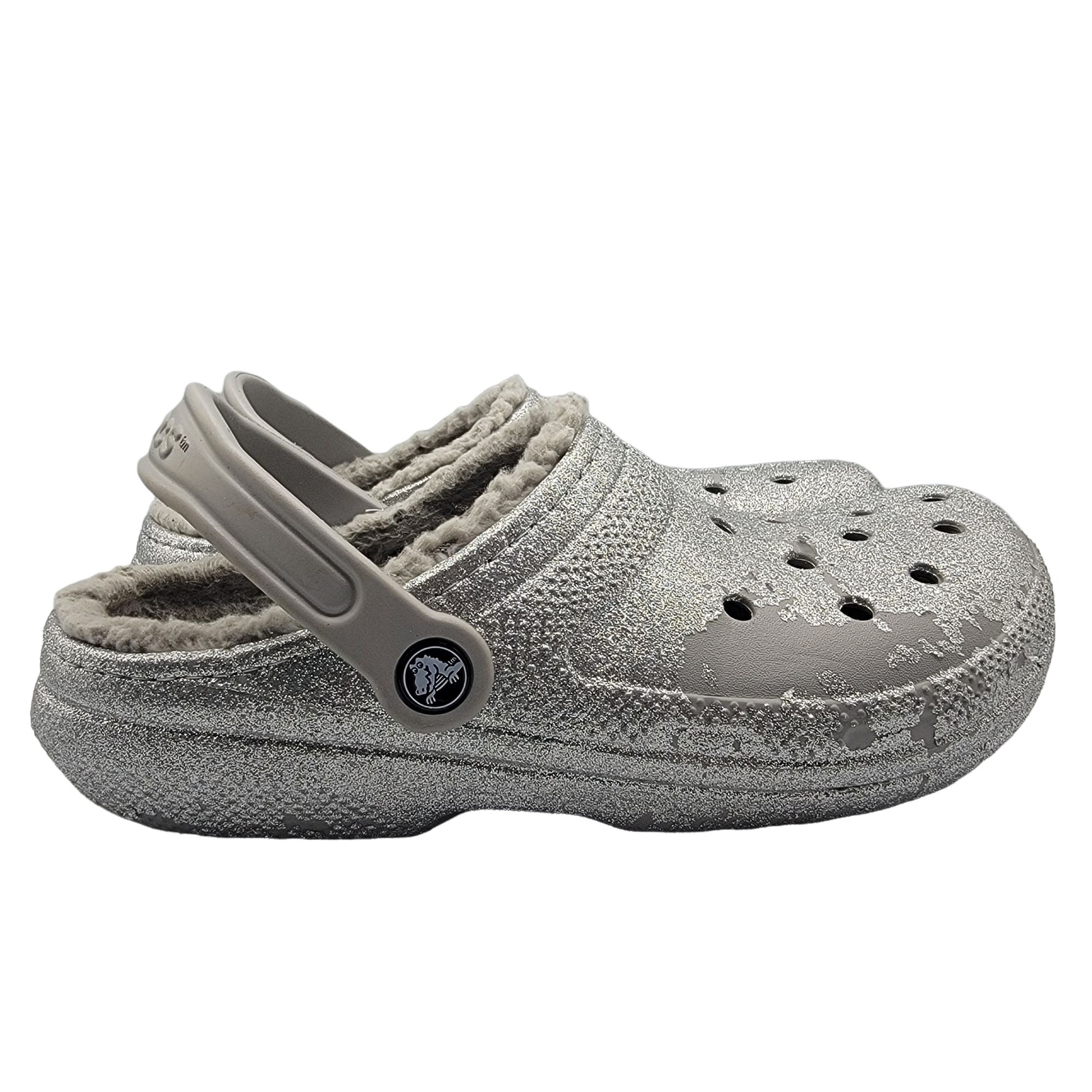 Crocs Classic Womens 9 Silver Glitter Faux Fur Lined Comfort Clogs ...