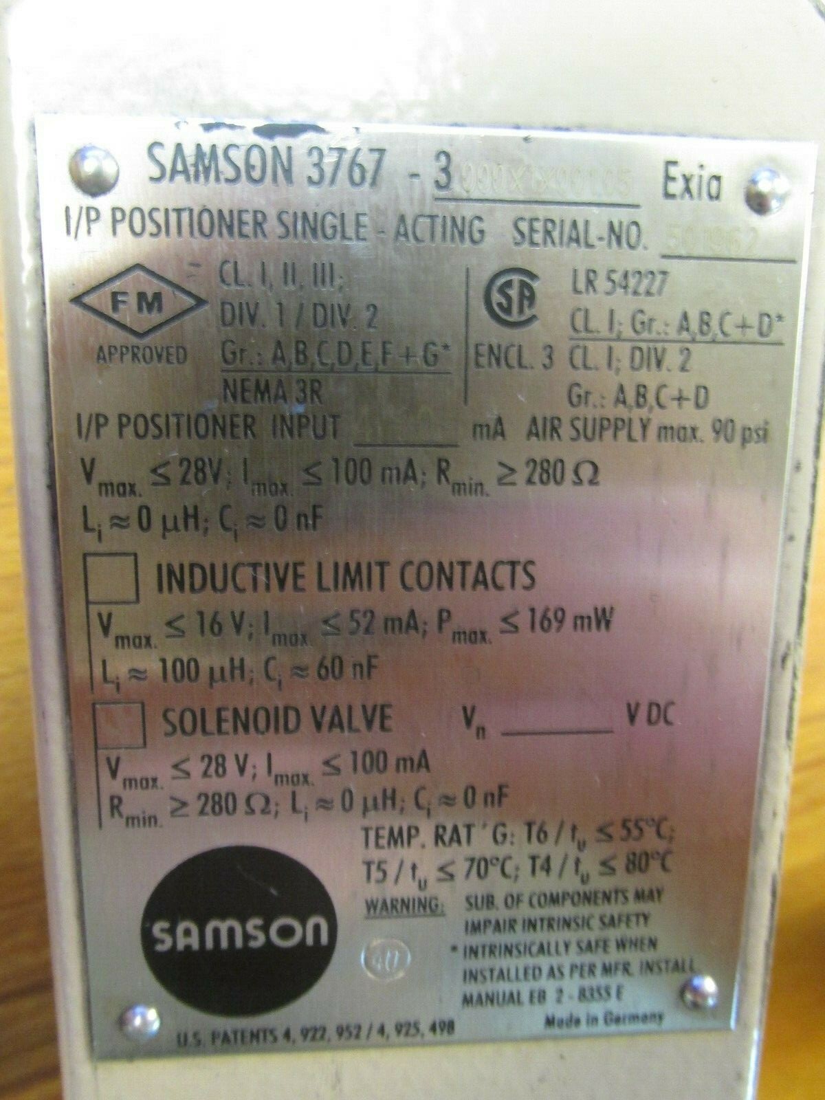 SAMSON AG 3767-3000X1X001.05 / 37673000X1X00105 ( TESTED CLEANED) for ...