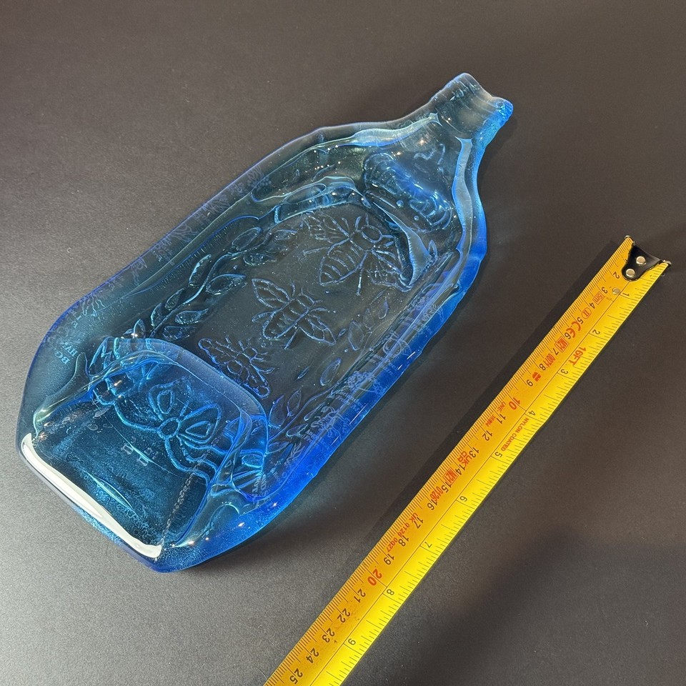 Flattened bottle novelty spoon rest, blue glass bees and flowers design ...