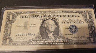 TWO 1957 (B) Blue Seal $1 Dollar Silver Certificate, Old US One Dollar ...