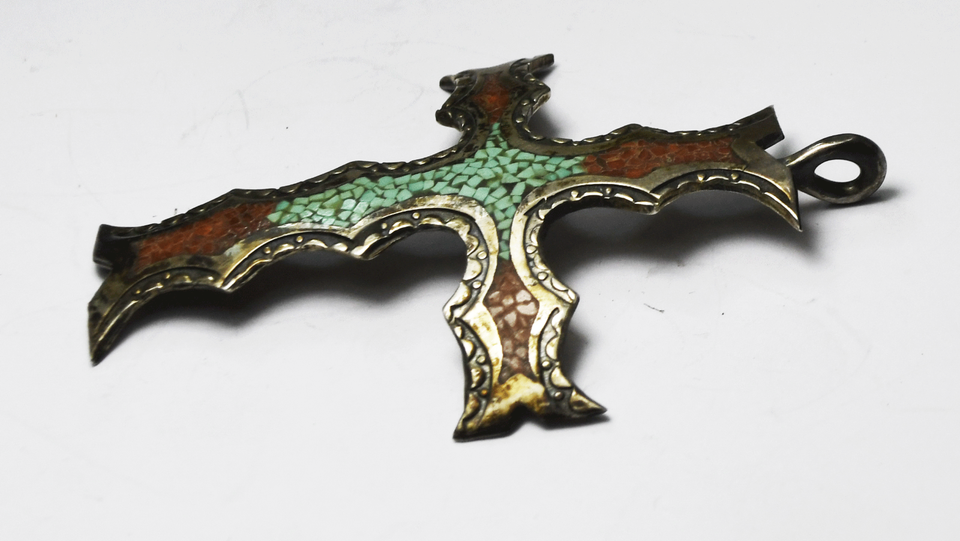 Sterling Turquoise Coral Chip Inlay Domed Jagged Cross Pendant 73mm x ...