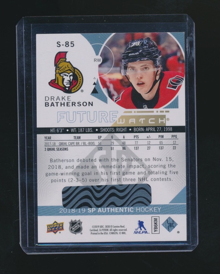 DRAKE BATHERSON 2018-19 UPPER DECK SP AUTHENTIC FUTURE WATCH ...