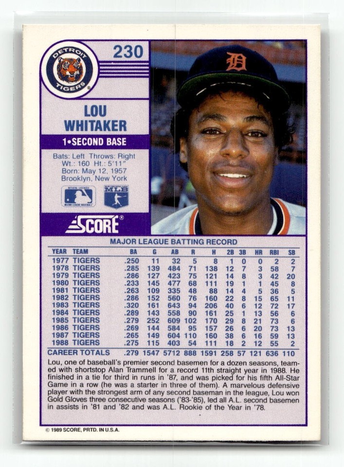1989 Lou Whitaker Score Baseball #230 Detroit Tigers MLB Baseball Card ...