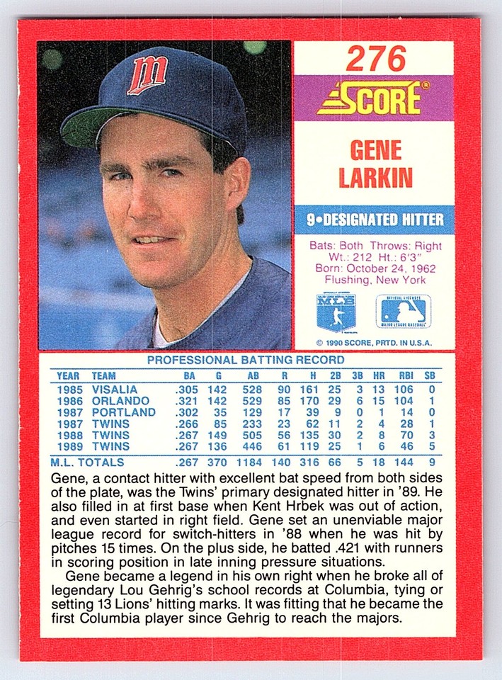 1990 Score #276 Gene Larkin Minnesota Twins | eBay