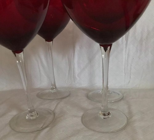 RED Cup WATER GOBLETS Clear Stem Ruby Wine Glass Set Of 4 Tall Fine ...