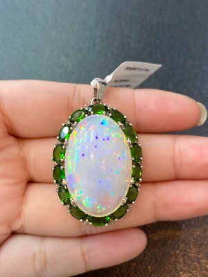 NATURAL FIRE OPAL 24X20 CHROME DIOPSIDE DIAMOND 14P.STERLING SILVE925 ...