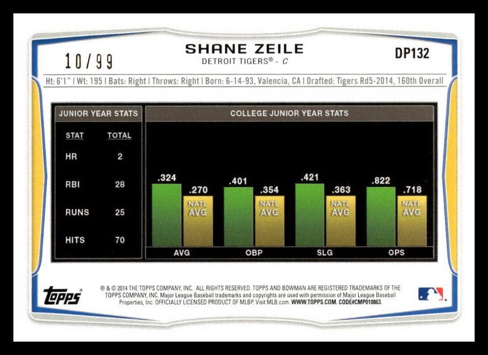 2014 Bowman Draft Shane Zeile Purple Ice #'d /99 DP132 Detroit Tigers ...