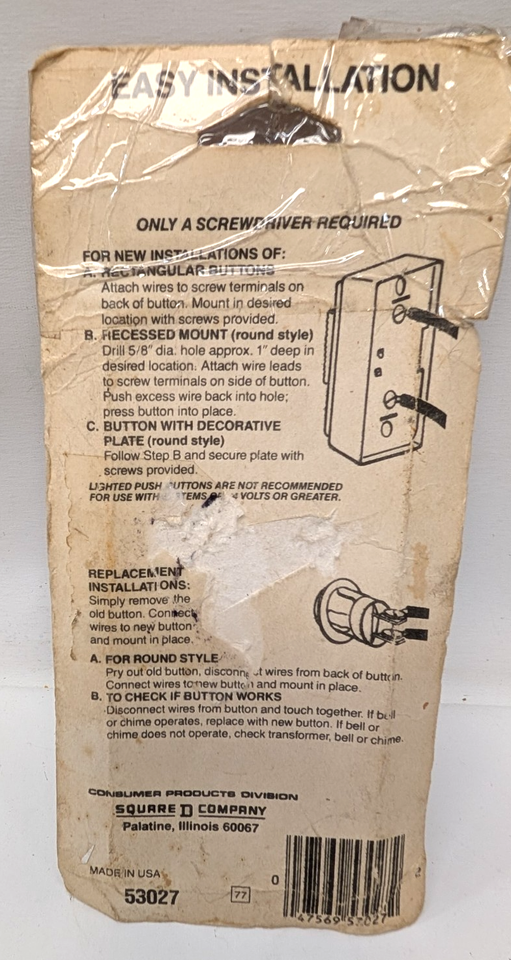 Vintage Square D Lighted Push Button for Doorbell, Ringing Bells ...