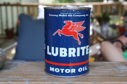 NICE SHAPE~ 1950s era MOBIL LUBRITE MOTOR OIL Old Graphic 1 qt. Tin Can ...