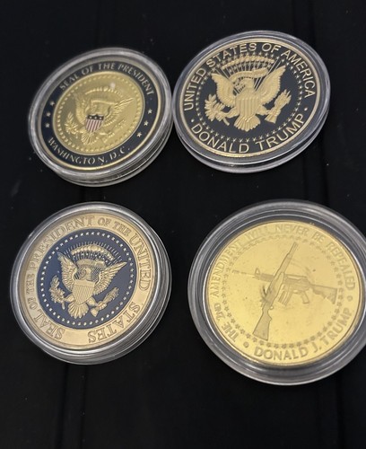 4 TRUMP CHALLENGE COIN GOLD ENAMEL EAGLE PRESIDENT 2nd AMENDMENT WOOD ...