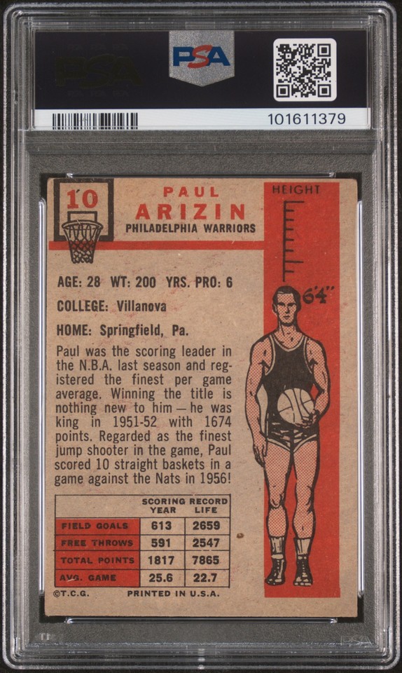 1957 TOPPS BASKETBALL #10 PAUL ARIZIN, PSA 3 VG (PHIL WARRIORS) ROOKIE ...