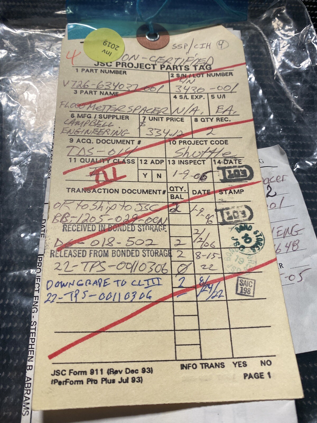 NASA Space Shuttle Hardware Set, MPLM Bracket Assy, Spacer | eBay