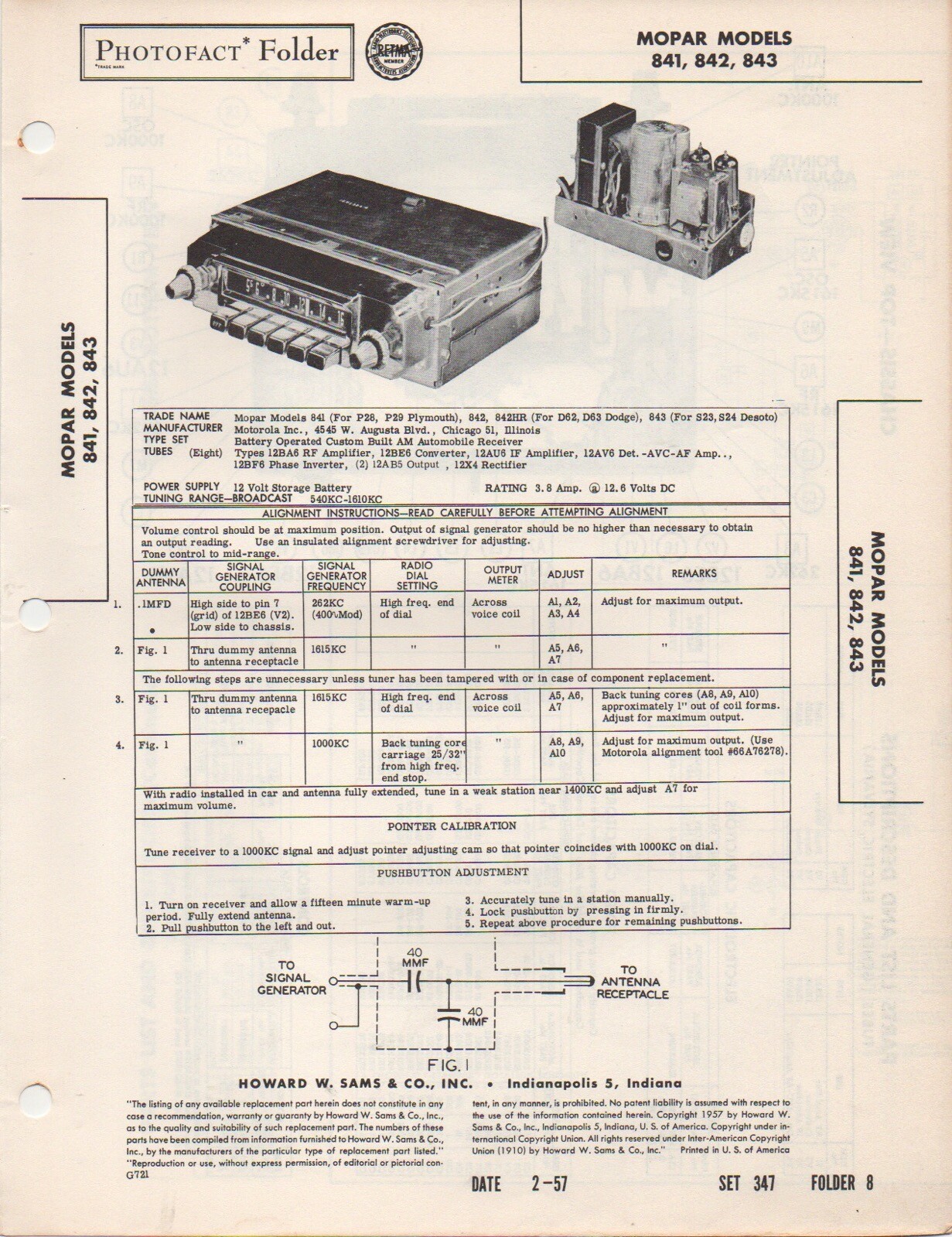 1957 MOPAR 841 842 843 RADIO SERVICE MANUAL PHOTOFACT SCHEMATIC ...
