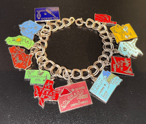 Vintage Loaded Silver Enamel US State Maps Travel 12 Charm Bracelet | eBay
