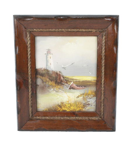 Vintage Lighthouse & Seascape Oil Painting Signed Engel In Rustic ...