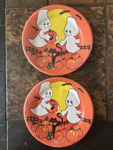 Lot of 2 Vintage Halloween 7" Round Paper Plates Ghosts Bats Pumpkins ...